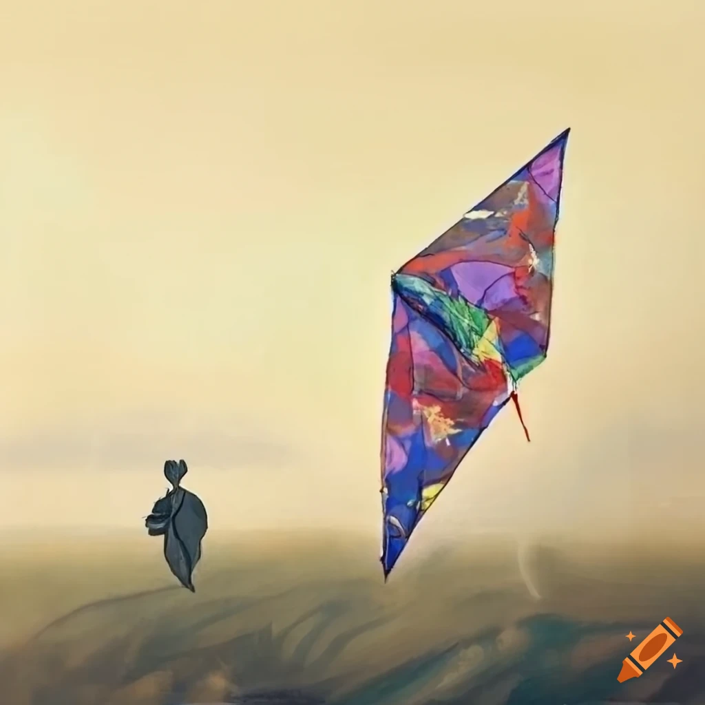 Japanese style painting of a large broken kite in a field on Craiyon