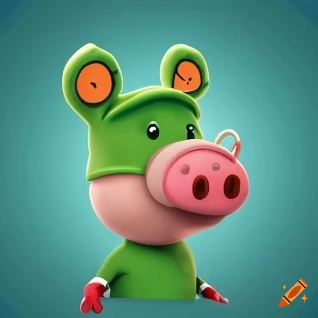 Cartoon pig with frog hat playing tennis on Craiyon