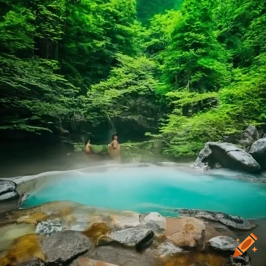 Two individuals relaxing in a mountain hot spring amidst nature on Craiyon