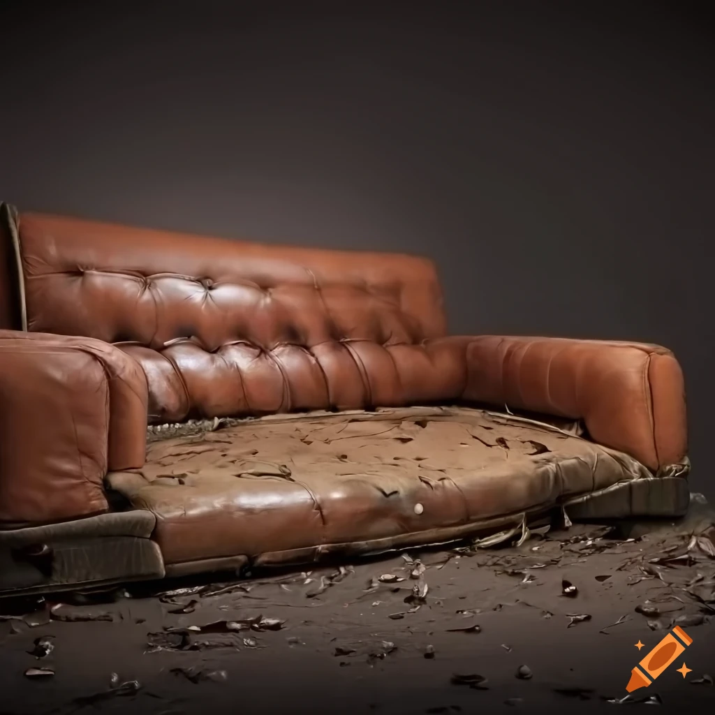 Abandoned worn leather couch with stuffing spilling out under foggy lighting on Craiyon