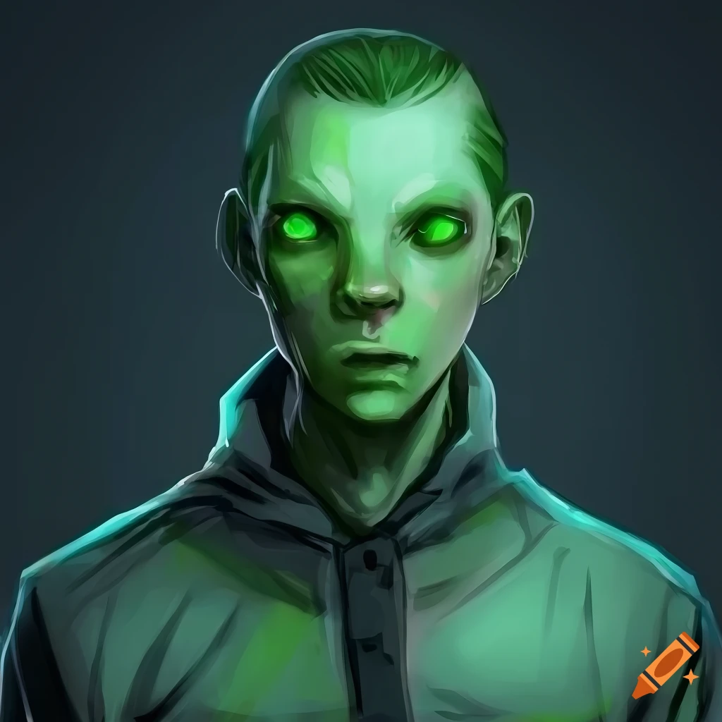 Digital art of a sci-fi fantasy race with green skin and unique facial ...