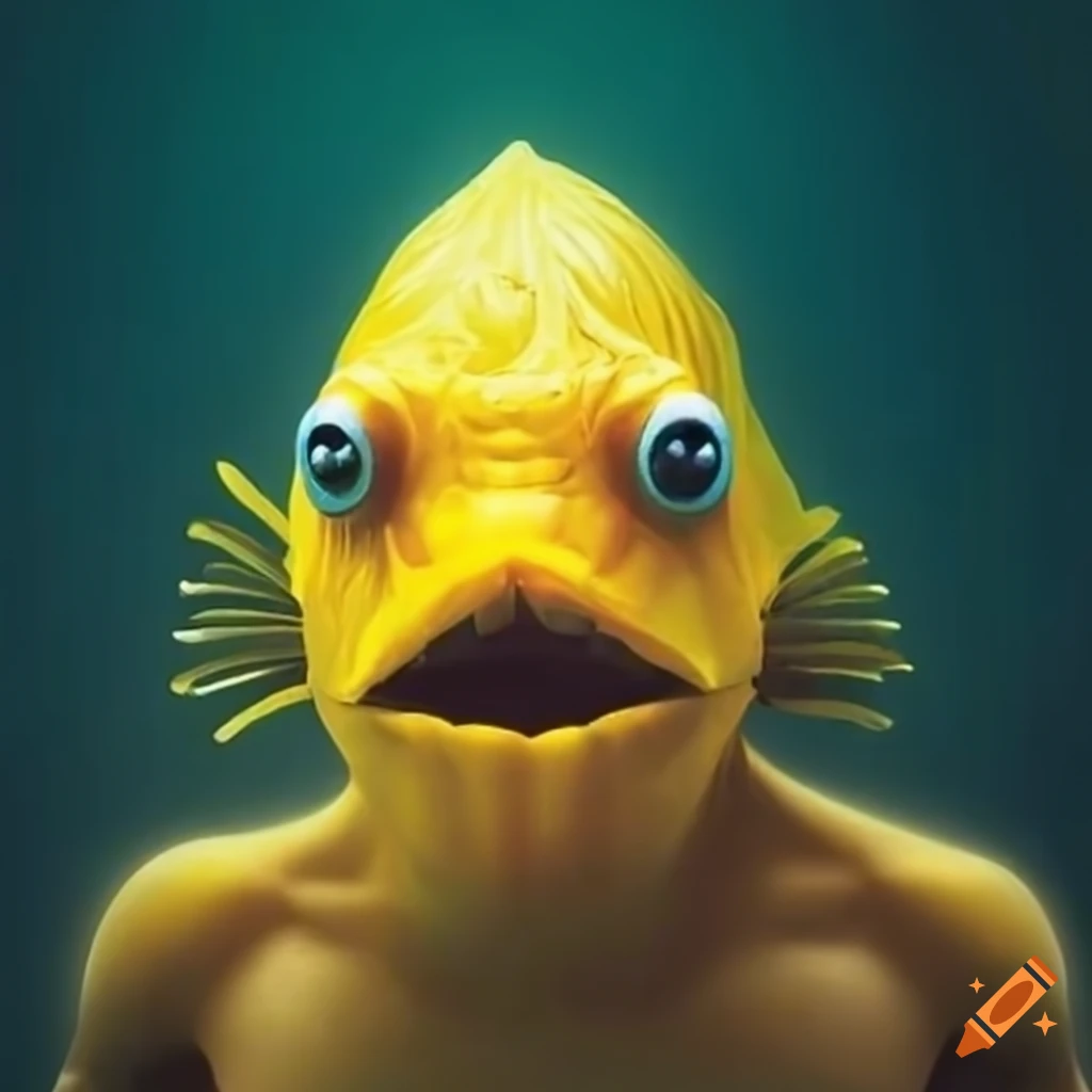 Humanoid fish in traditional yellow fisherman costume on Craiyon