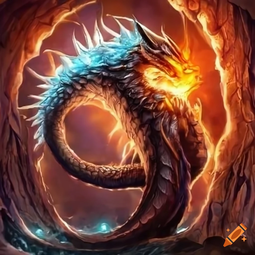 Intricately detailed mythical creature with ice and fire elements on ...