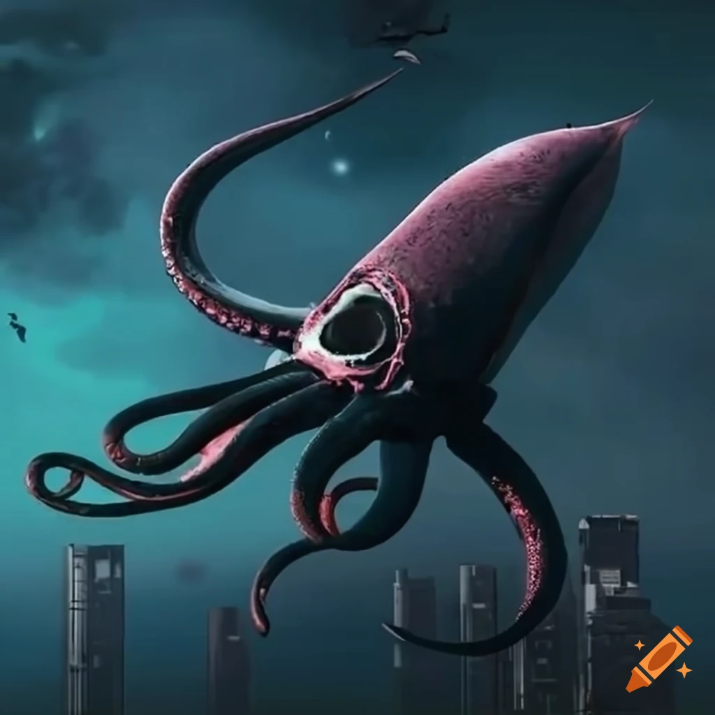 Futuristic mechanical black squid attacking a city from space on Craiyon