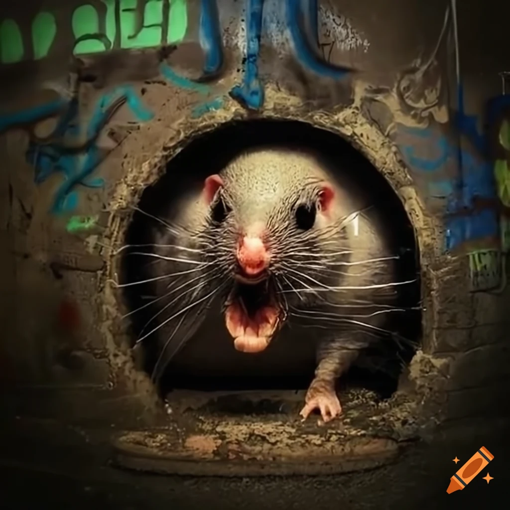 Creepy rat king in underground sewer tunnel with graffiti on Craiyon