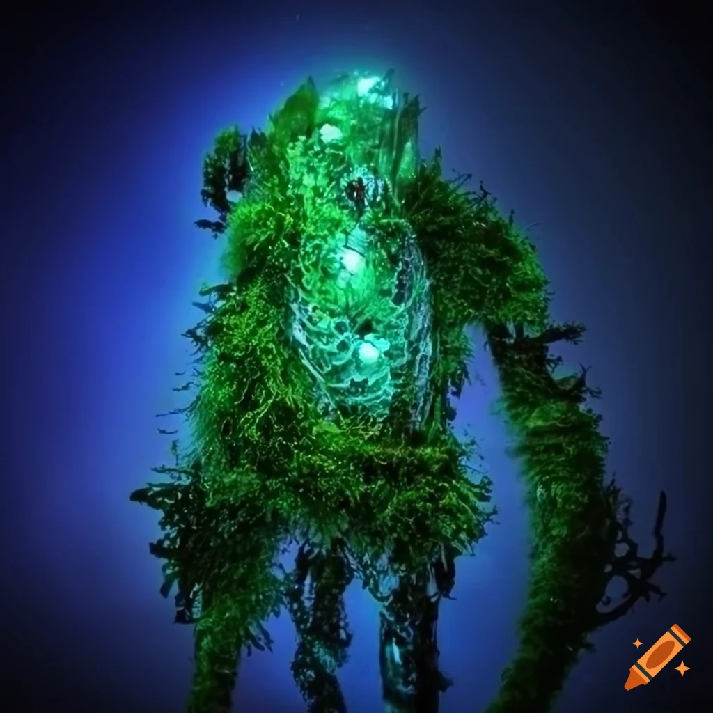 Glowing biopunk cityscape with green moss, plants, mushrooms, and ...