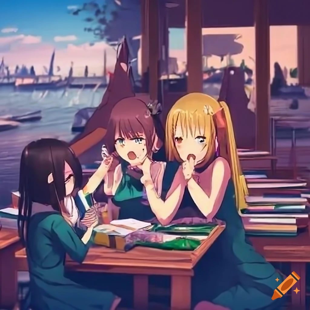 Group of cheerful anime girls studying science books at a crowded ...