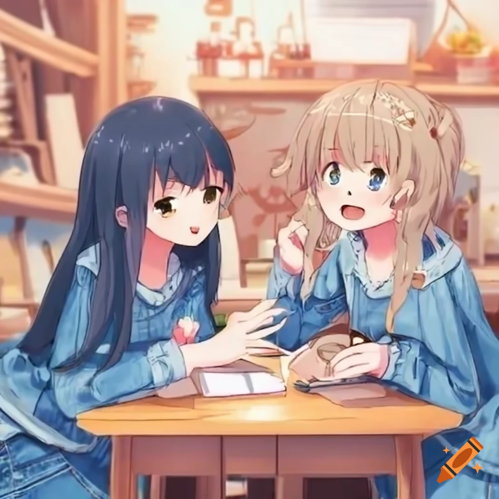Cheerful anime girls studying and exchanging notes in a harbor view tea ...