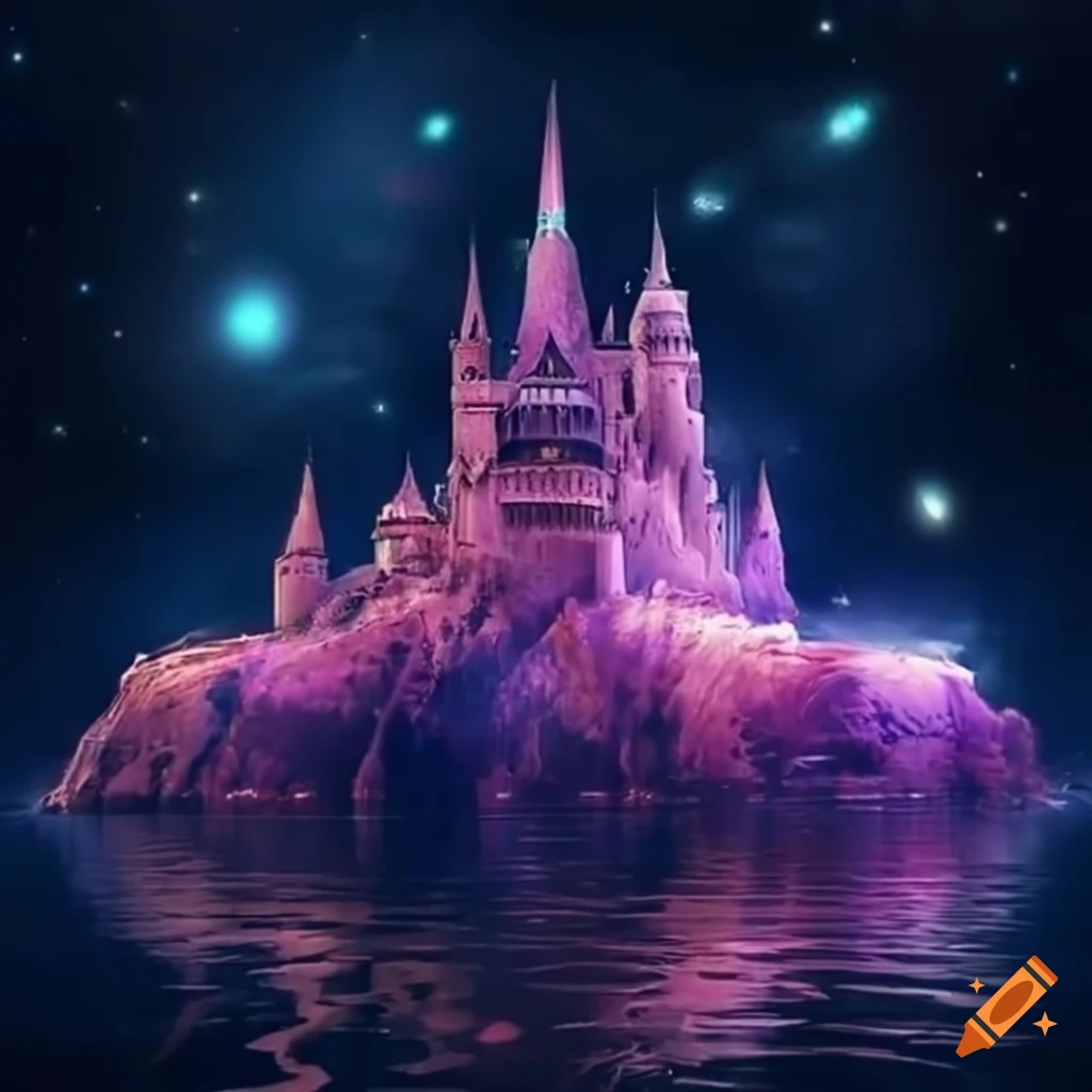 Enchanting castle floating in space with twinkling lights in a distant ...