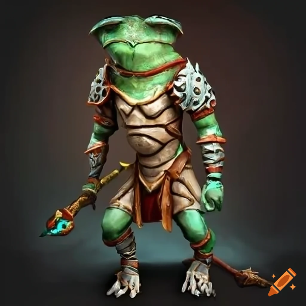 Humanoid amphibian paladin in tribal seashell armor on Craiyon