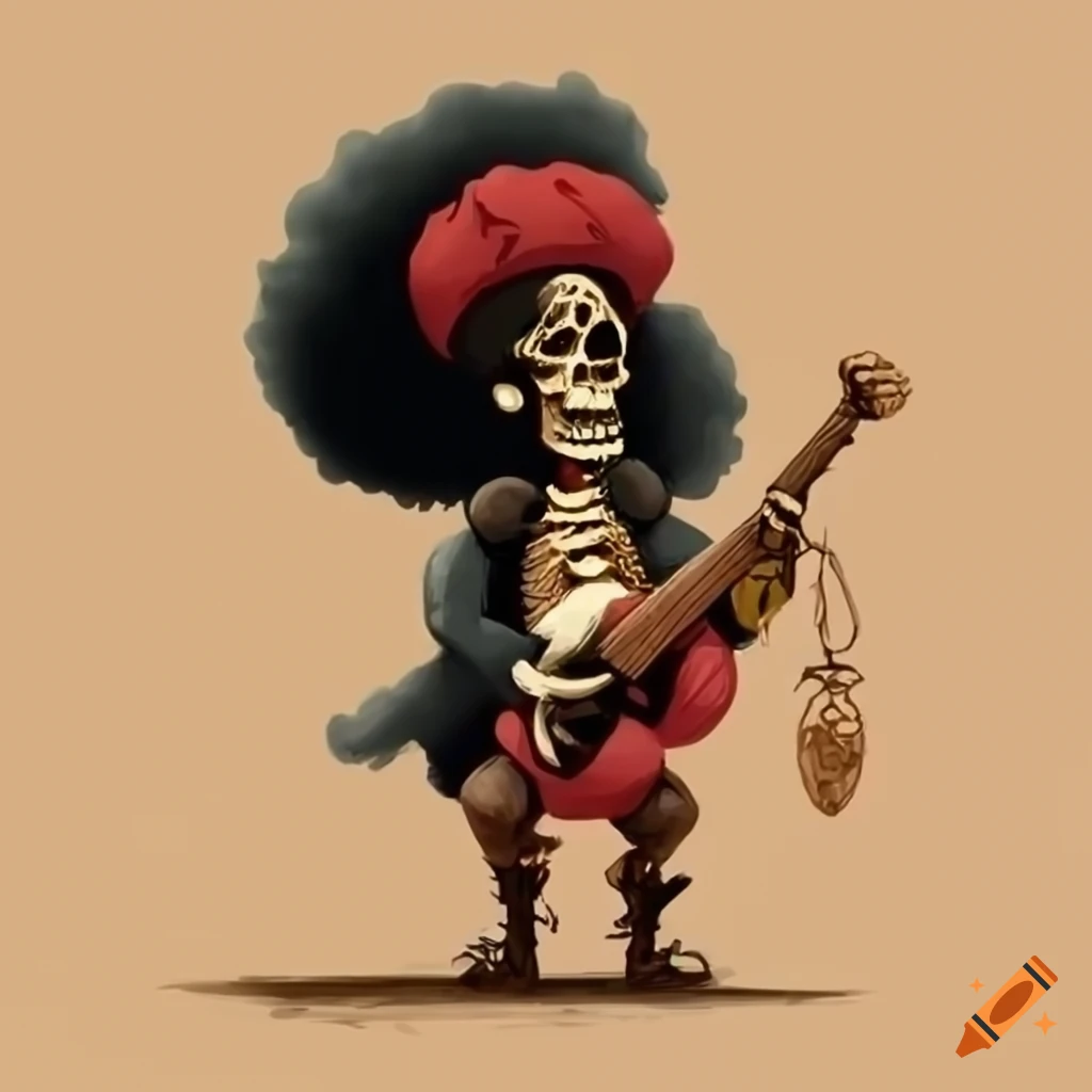 Afro skeleton pirate musician swordsman character on Craiyon
