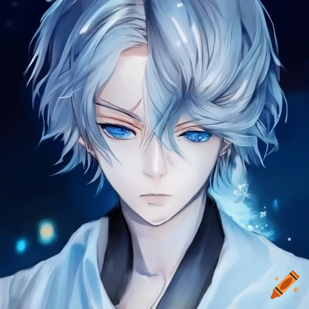 Ethereal anime boy with blue eyes and white hair on Craiyon