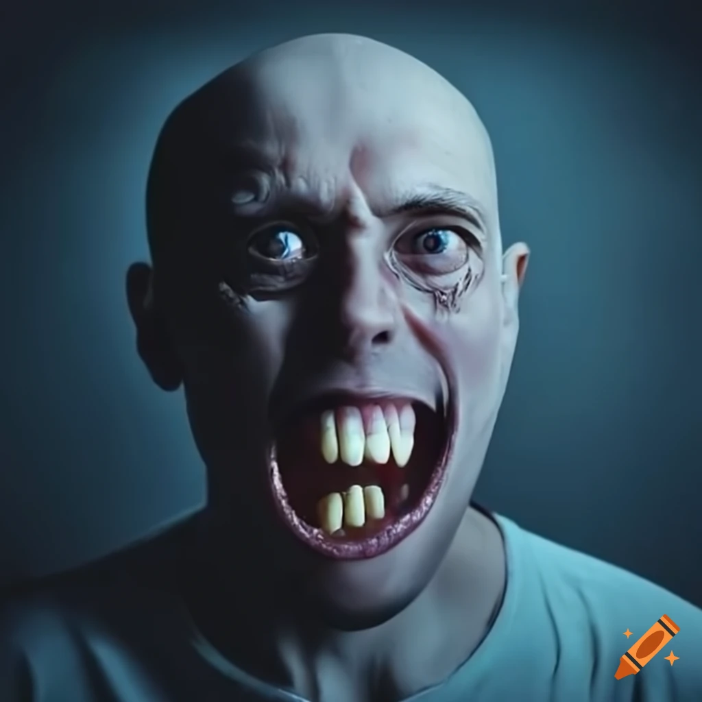 Close-up of a man with a single gigantic tooth on Craiyon