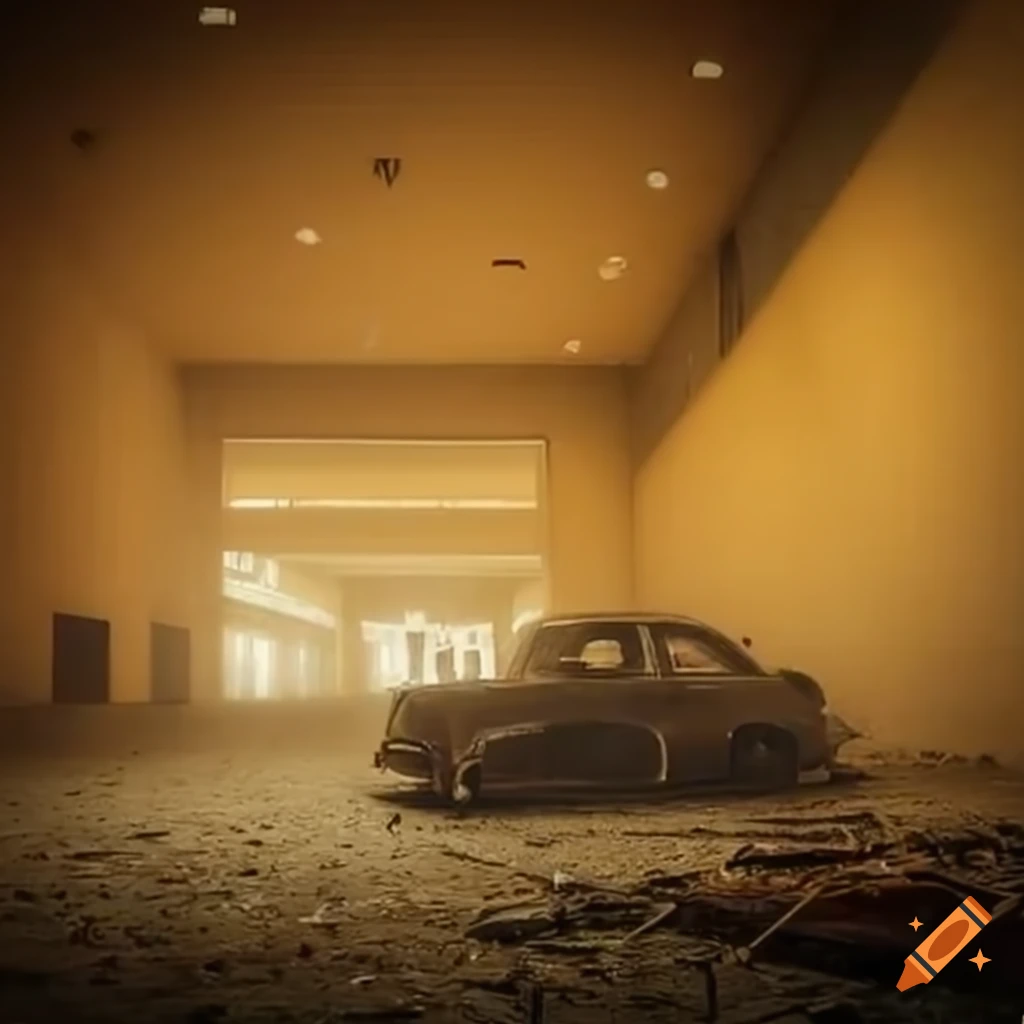 Abandoned car shells in a mall surrounded by golden fog on Craiyon