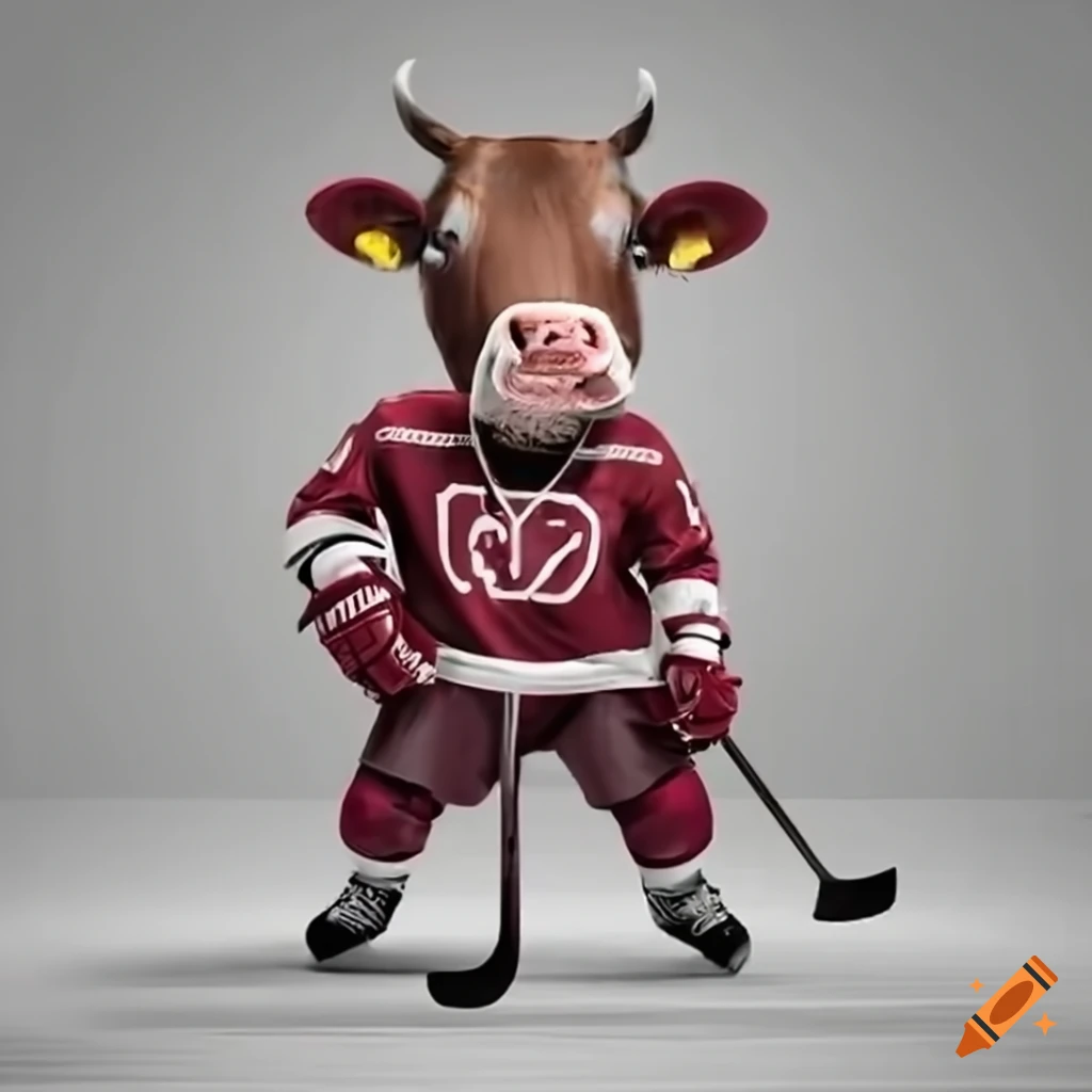 Cow in maroon jersey playing hockey on Craiyon