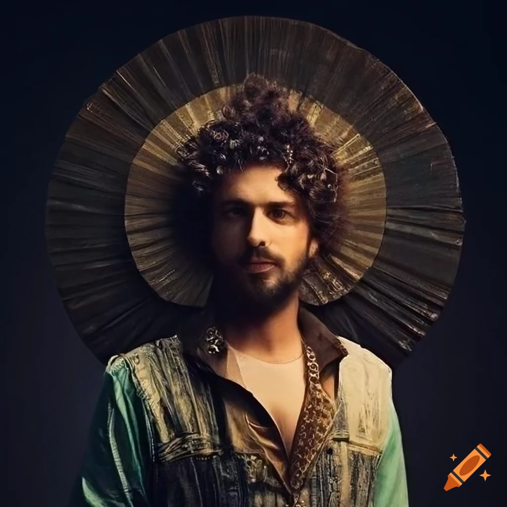 Portrait of a bohemian rock fan in vintage clothing in a dimly lit room ...