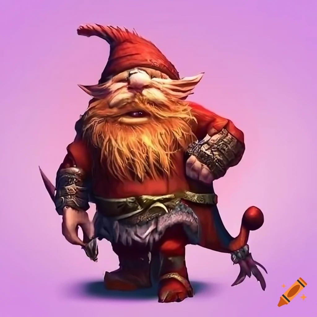 Stout gnome with dragon scaled skin, red hair, and bushy beard on Craiyon
