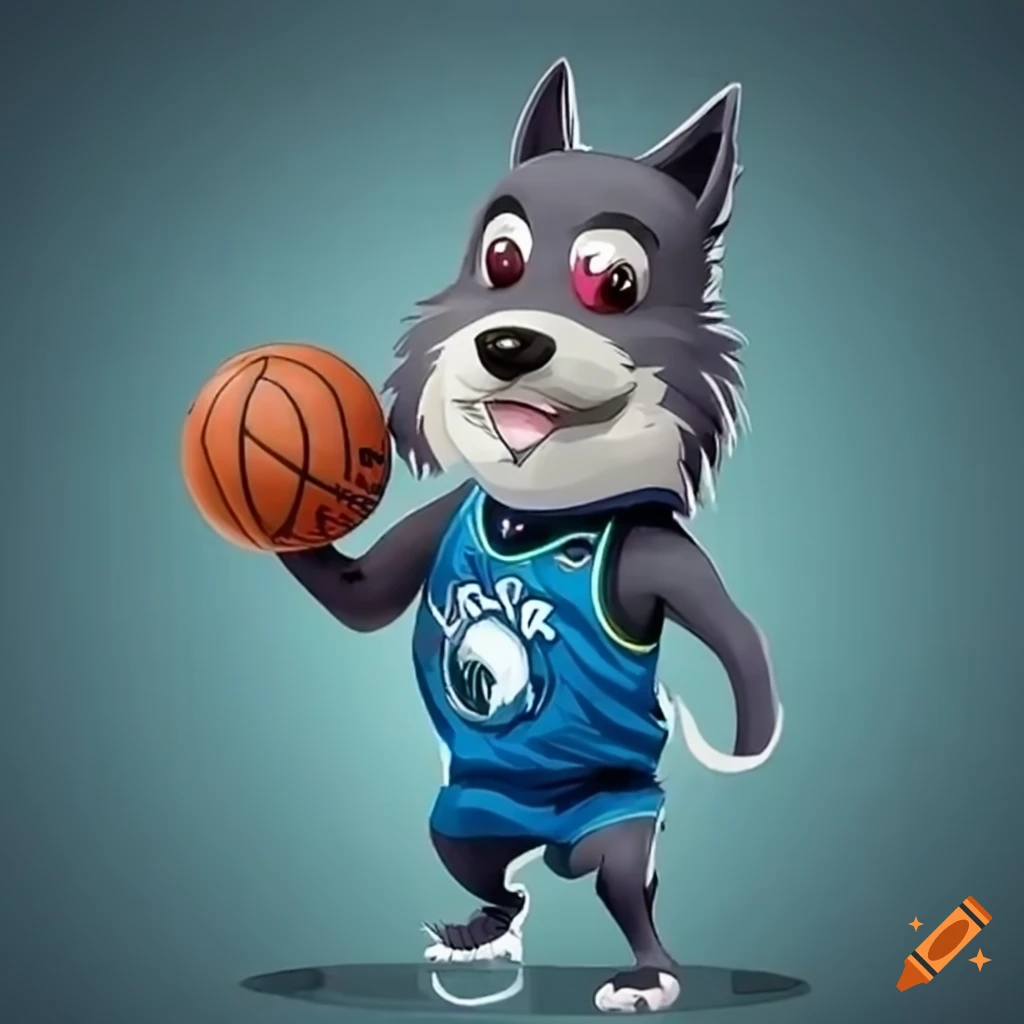 Cartoon wolf playing basketball in a timberwolves jersey on Craiyon