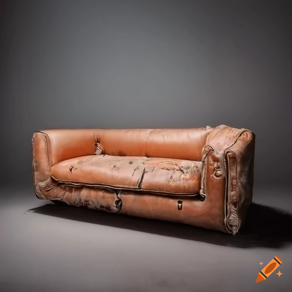 Abandoned worn leather couch with debris and stuffing spilling out under foggy lighting on Craiyon