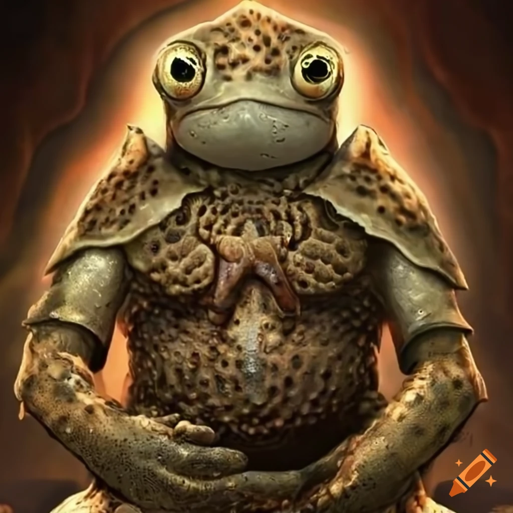 Toad-humanoid zealot in oyster-shell armor praying in temple on Craiyon