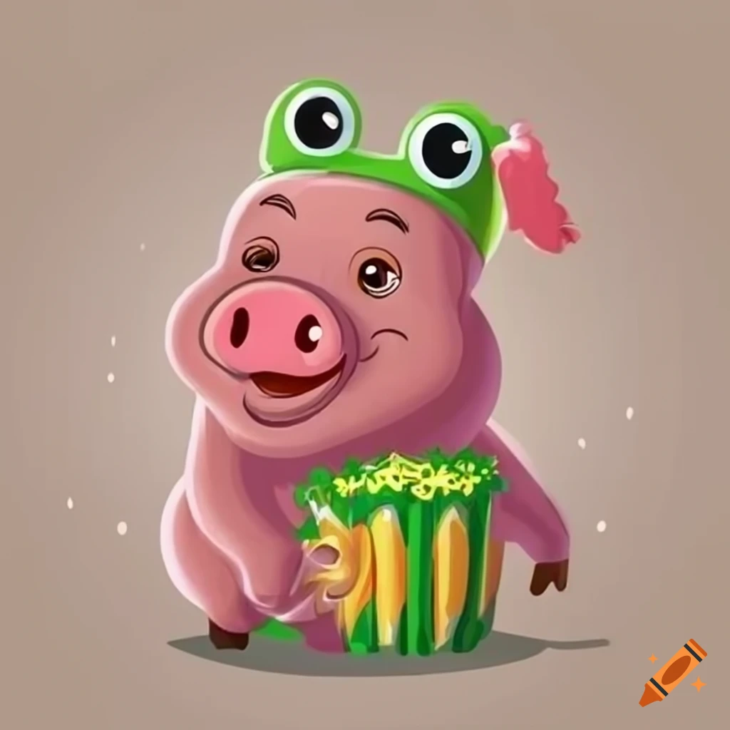 Adorable cartoon pig in frog-shaped winter hat eating popcorn on Craiyon