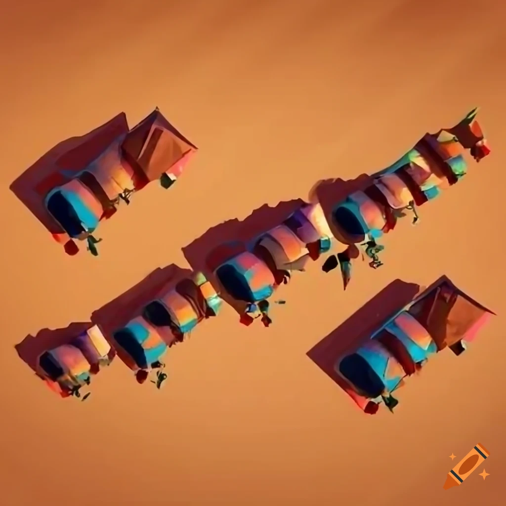 Top-down view of artistic ancient Arabic caravan with camels carrying ...