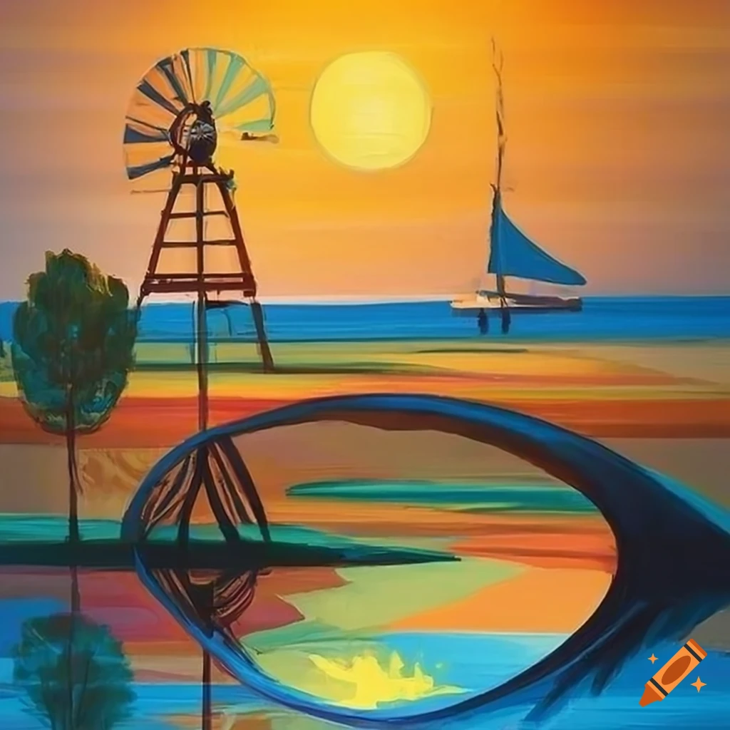 Abstract art scene with river, murray cod fish, gum tree, yacht, bridge ...