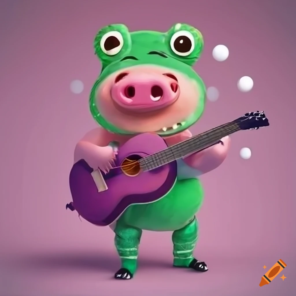 Cartoon pig in frog hat playing guitar on Craiyon
