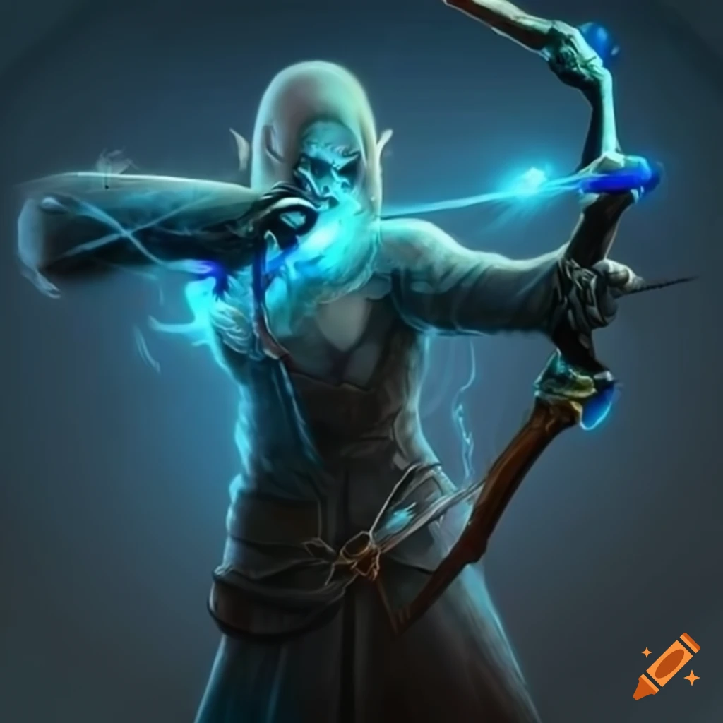 Fantasy undead archer with glowing blue shortbow nocking an arrow on ...