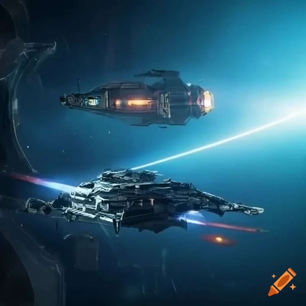 Intricately detailed sci-fi scene of two spaceships clashing with ...