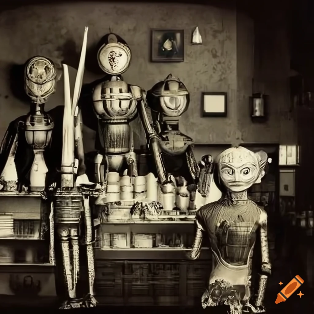 Vintage 1920s photo of alien robots working in an ice cream store on ...