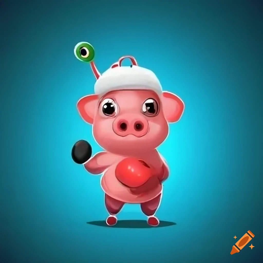 Cartoon pig wearing a frog hat boxing on Craiyon