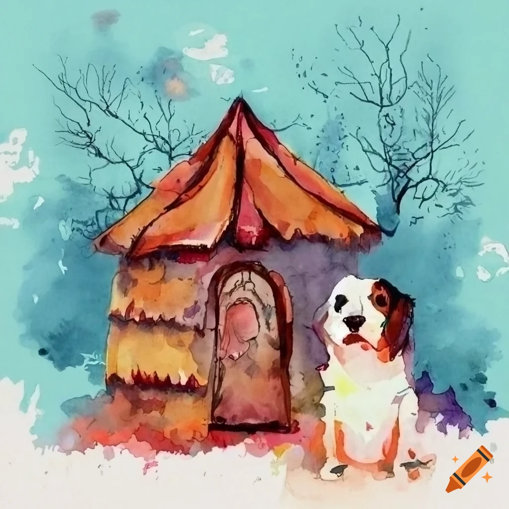 Dog next to hut in watercolor drawing on Craiyon