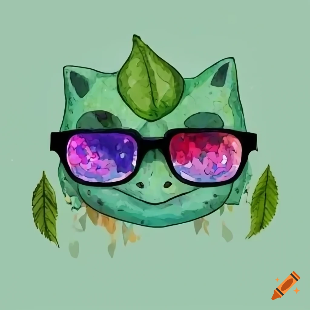 Bulbasaur wearing sunglasses with leaves in background on Craiyon