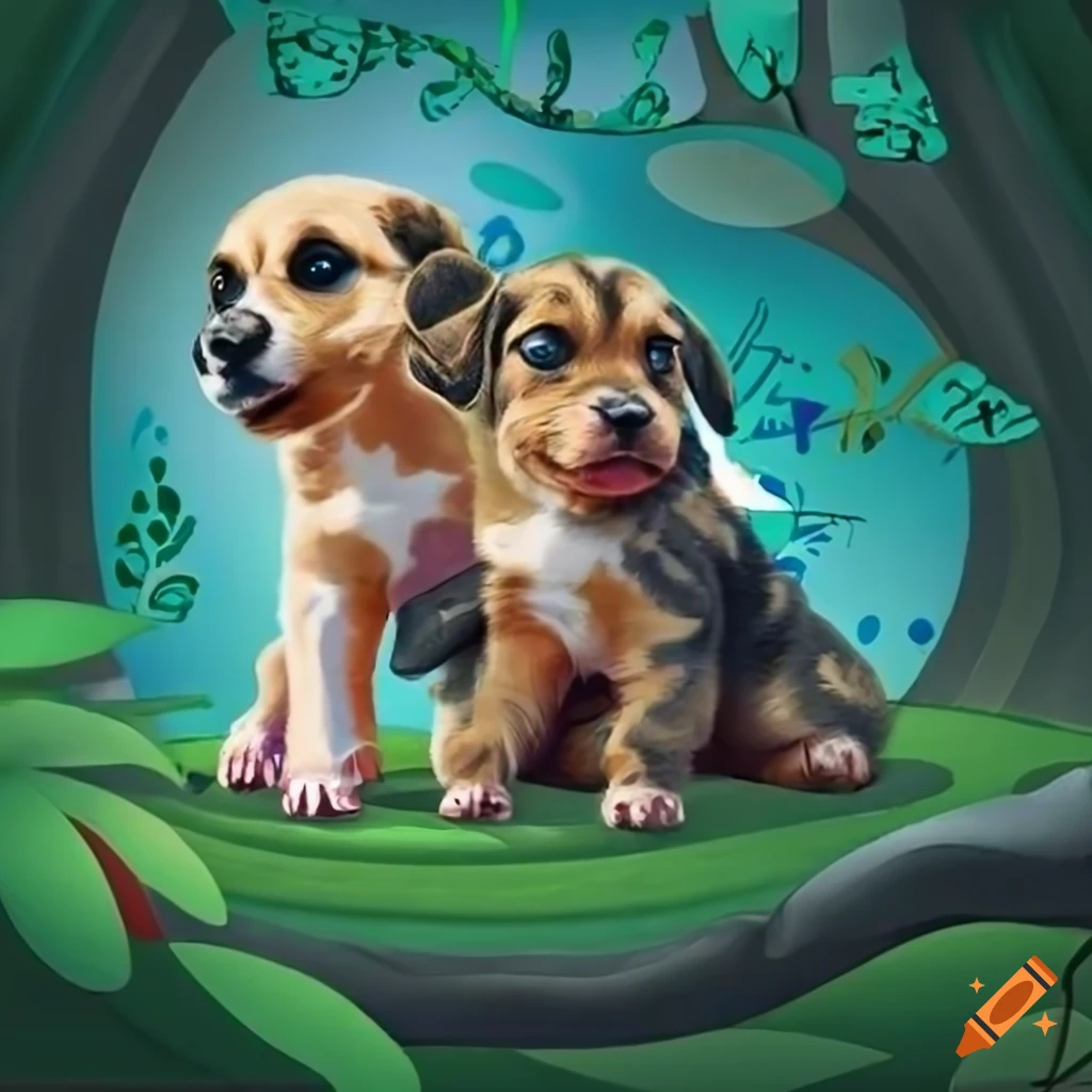 Two playful puppies with a ball in a jungle, 'Wanna Play hooman' in ...