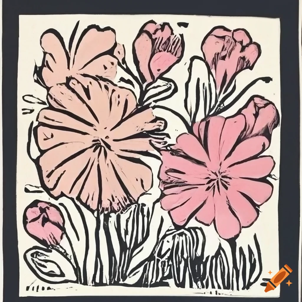 Many small flowers in lino print with pastel colors on Craiyon