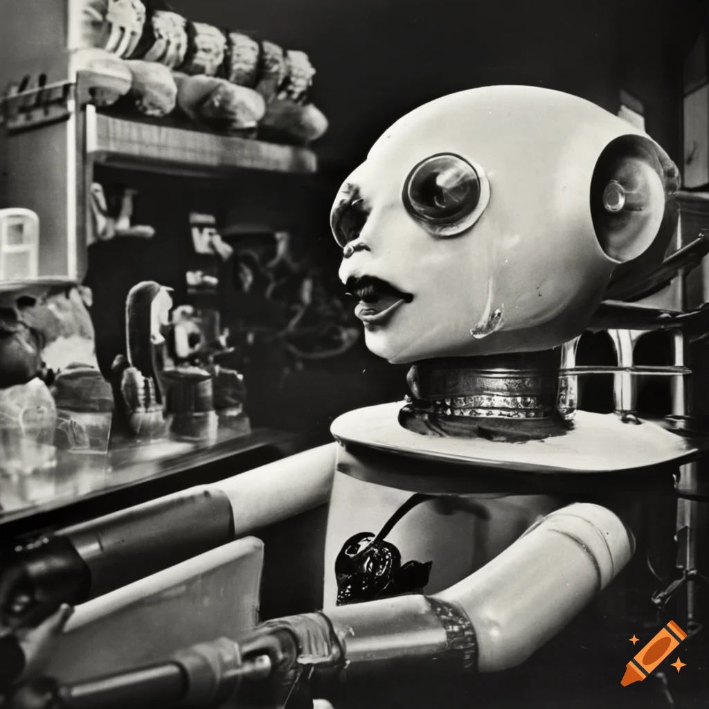 Vintage 1920s photograph of alien robots at an ice cream store in a sci ...