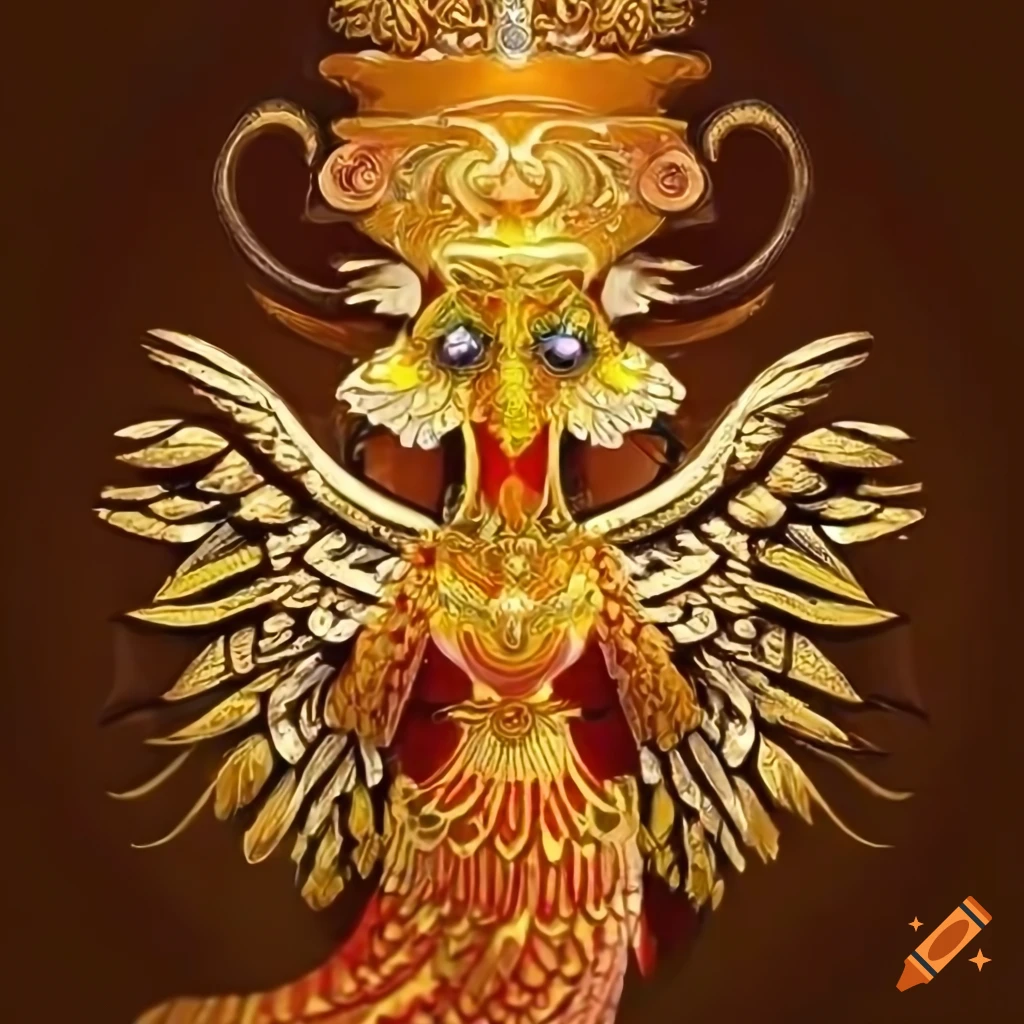 Stylized bird deity with golden and amber wings and royal attire on Craiyon