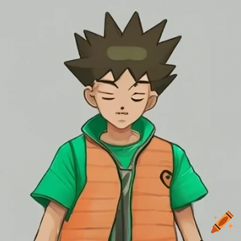 Brock from pokemon in orange vest and green shirt against white ...