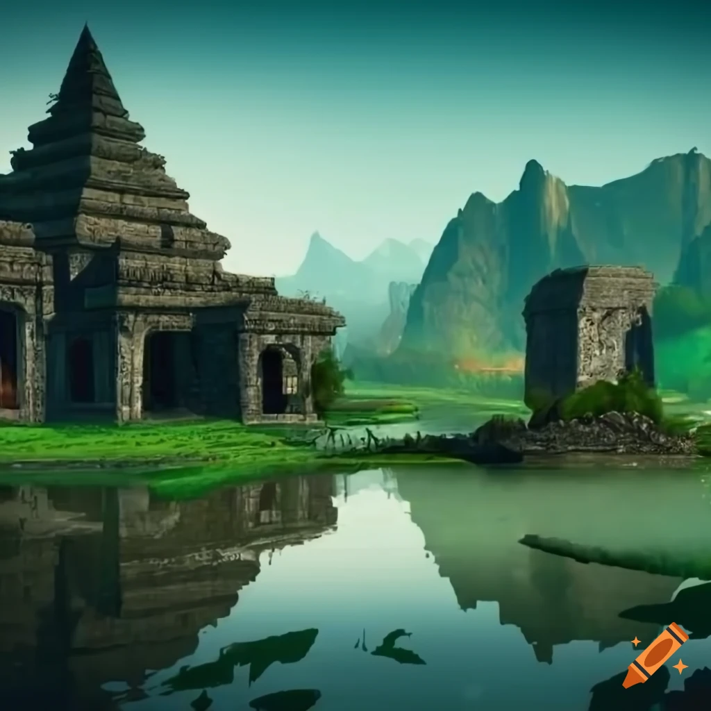 Stone-built medieval temple in barren rocky landscape with pond and ...