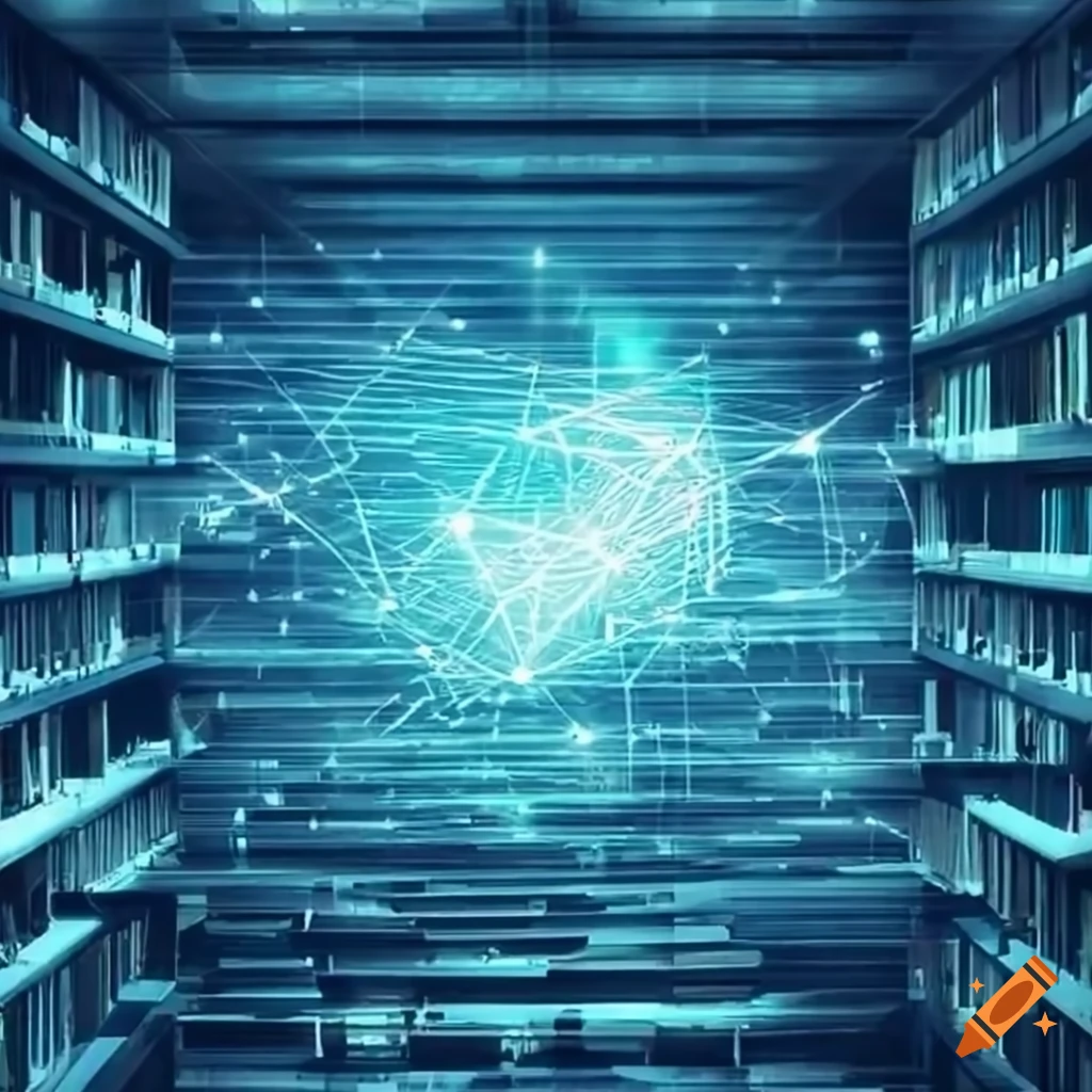 Futuristic library with high-tech neural network technology and books ...