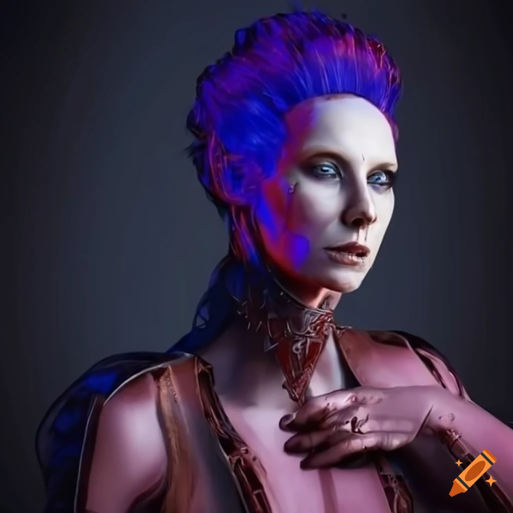 Futuristic 46-year-old woman with a psychic aura and rust-colored curls ...