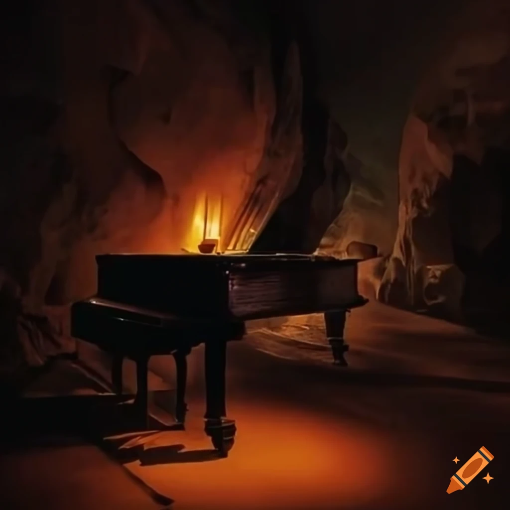 Musician playing grand piano in a dimly lit cave setting on Craiyon