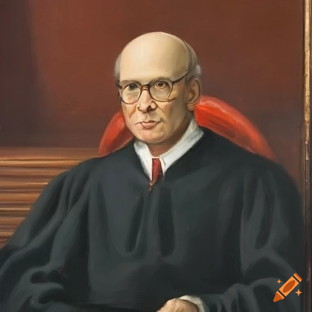 Oil painting of a bald judge in American-style judicial robes sitting ...