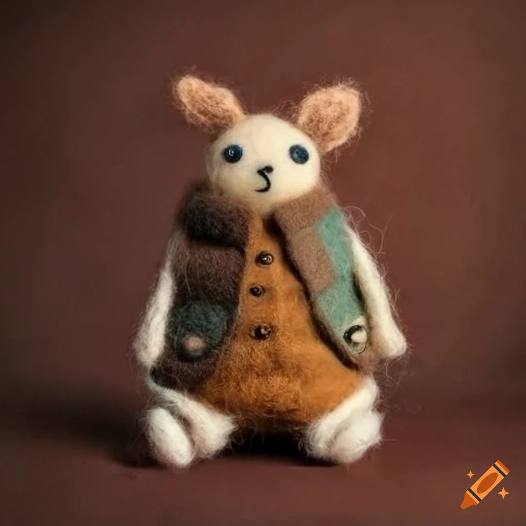 Felted wool creatures with stylish outfits on textured background on ...