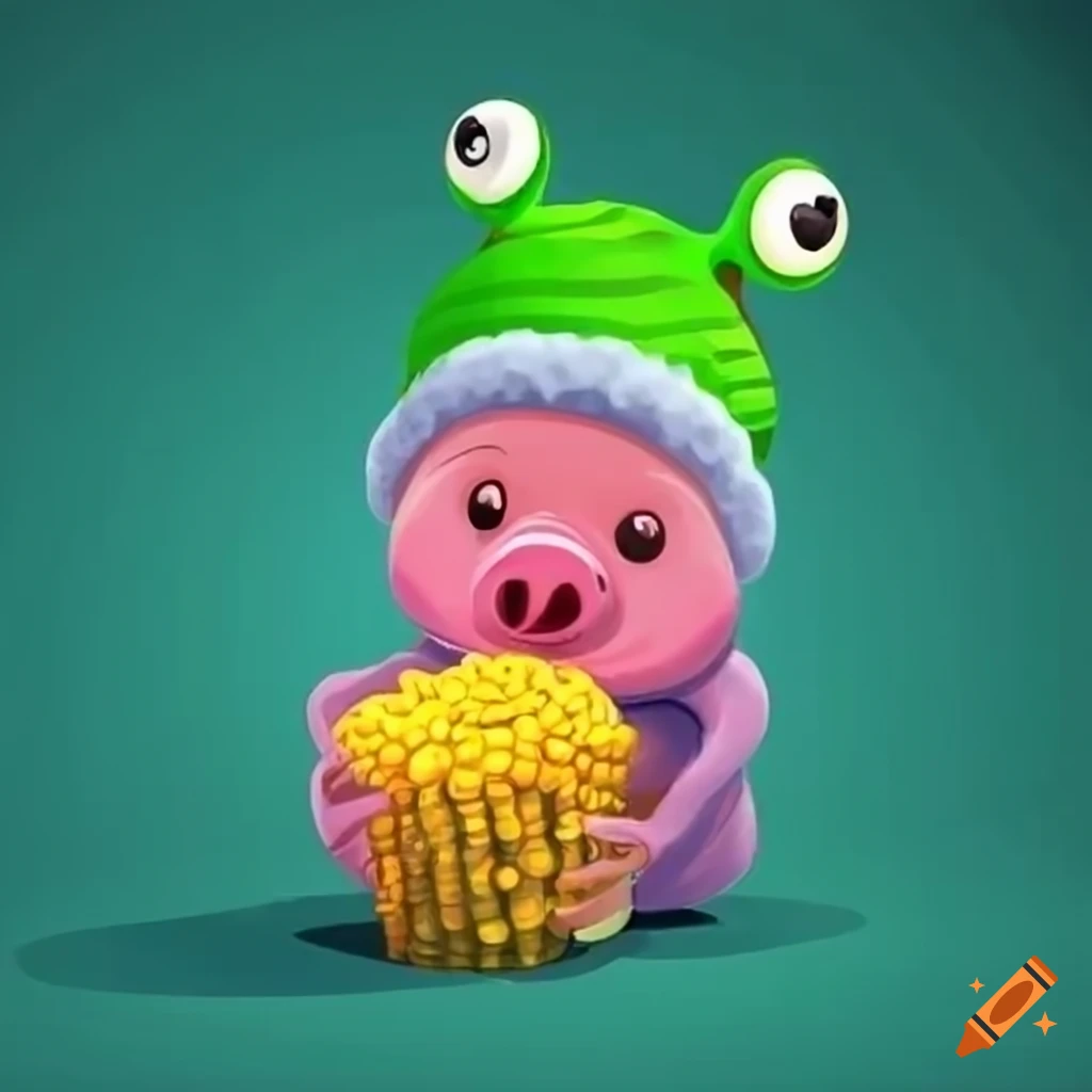 Adorable cartoon pig with frog-shaped winter hat eating popcorn on Craiyon