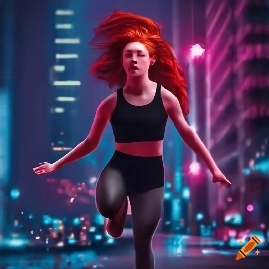 Athletic redhead woman running in the rain in a city at night with neon ...