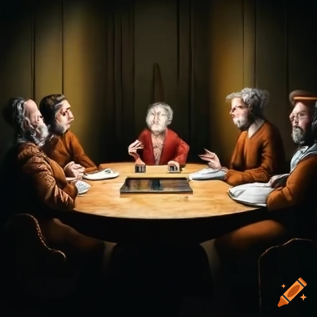 Philosophers debating at a round table on Craiyon