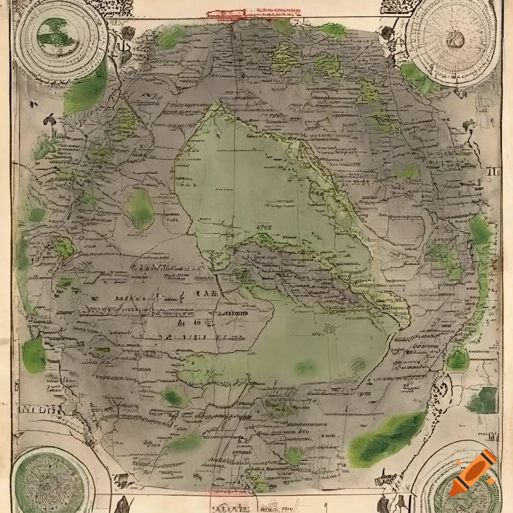 Map of a large elliptical forest with rivers converging and clearings ...
