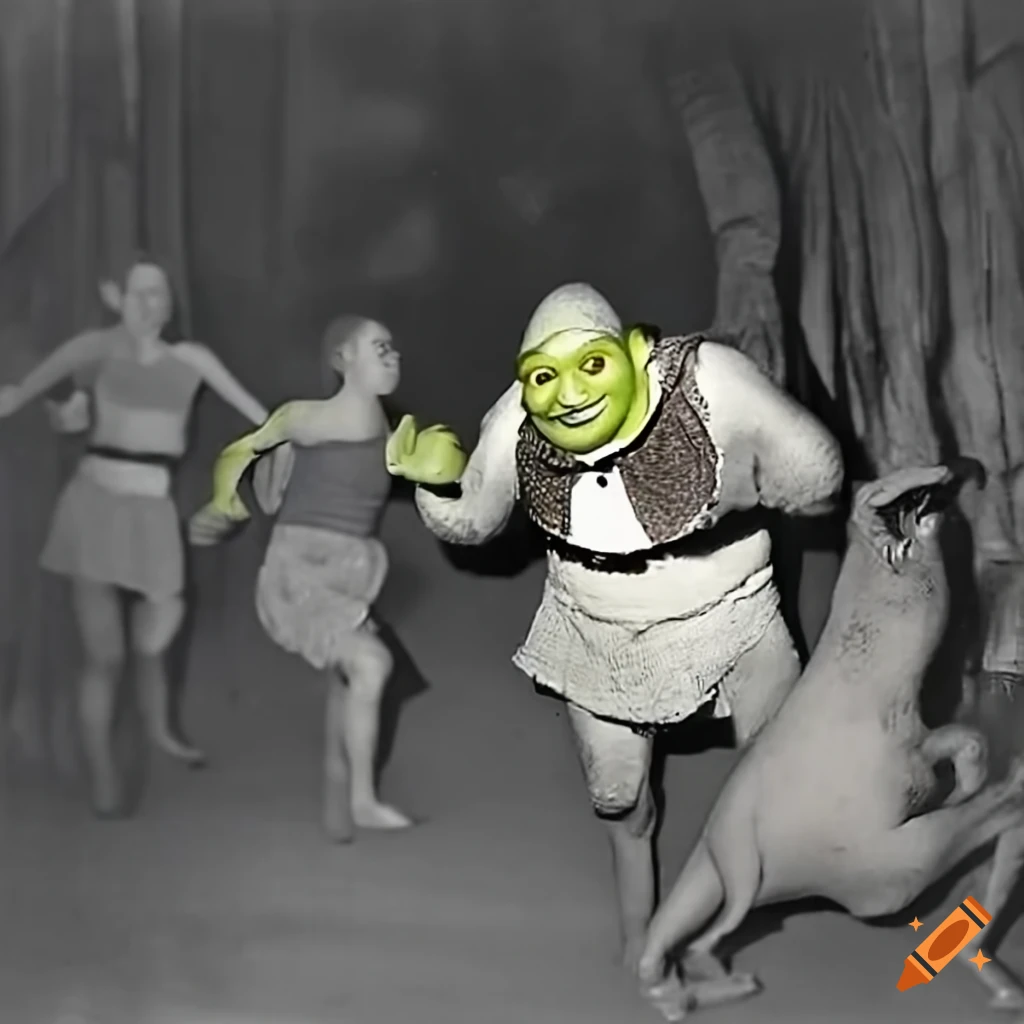 Vintage scene with shrek starting a fire as people run scared in the ...